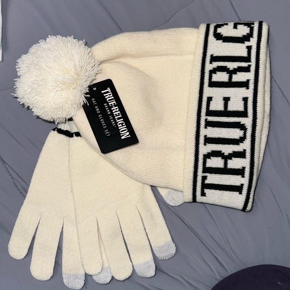 True Religion | Accessories | True Religion Logo Pom Beanie Glove Set ...